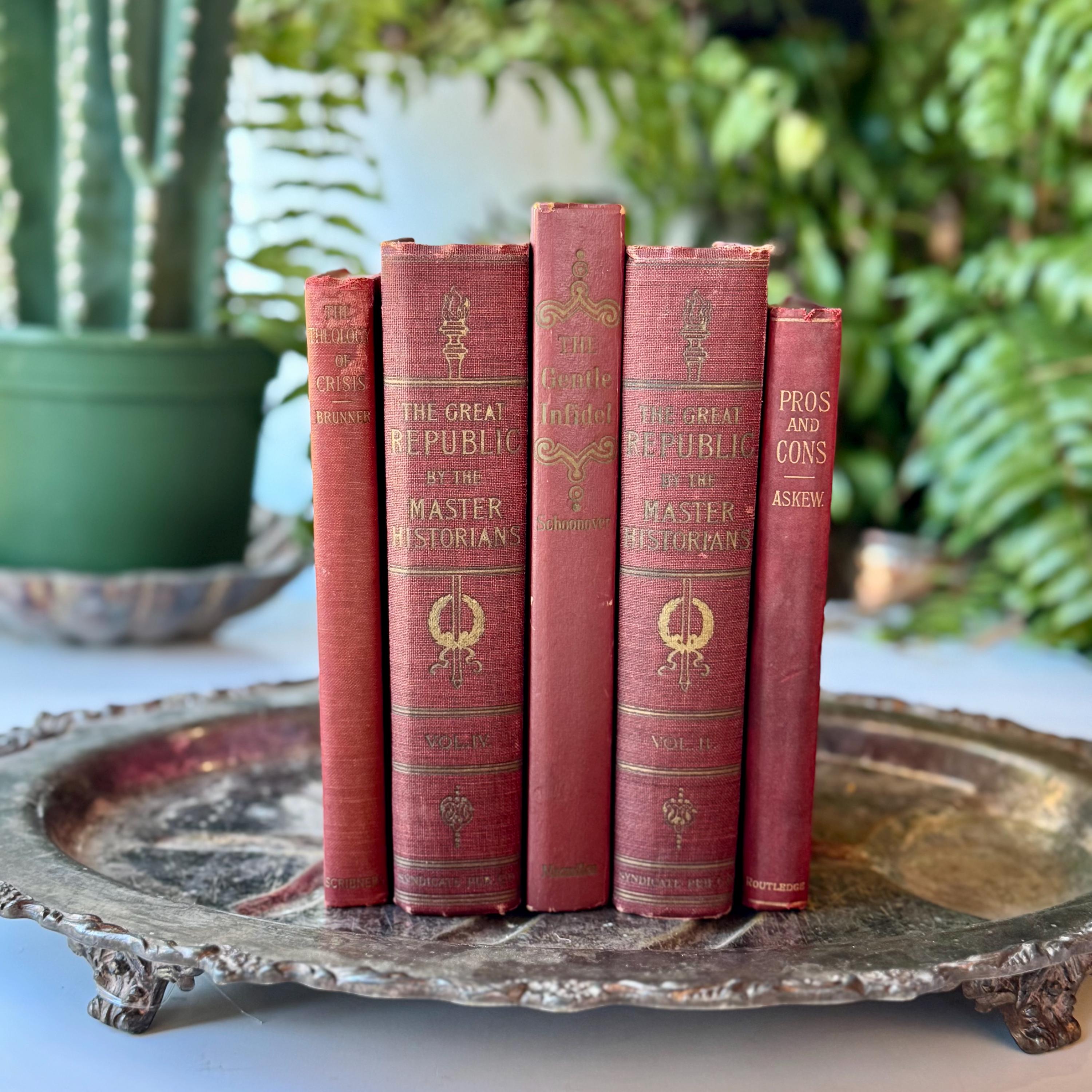 Faded Maroon Vintage Book Set for Shelf Styling – Pretty Old Books